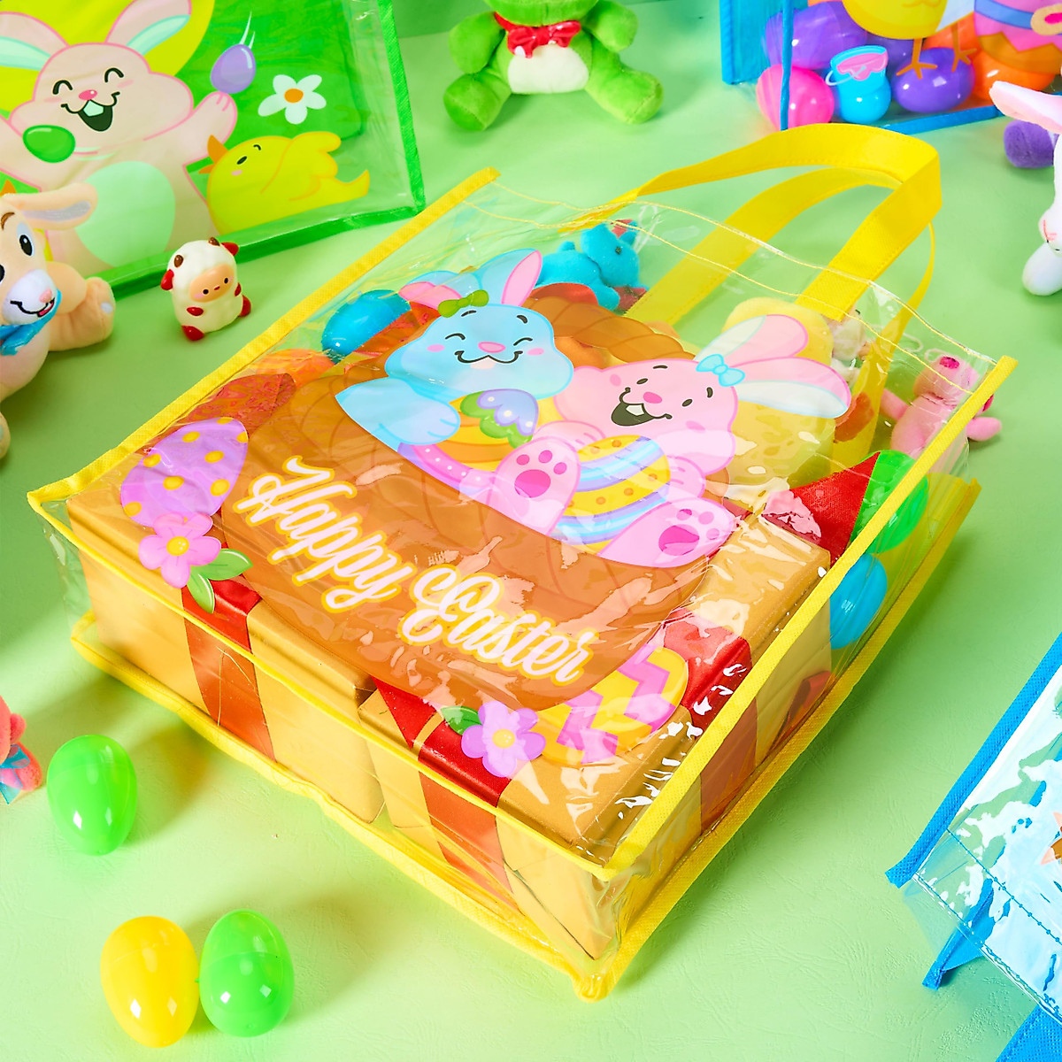 JOYIN 6 Pcs Easter Gift Bags, 13" x 13" x 4" Big Size Non Woven Easter Goodie Bags Party Treat Bags with Handles for Easter Egg Hunt, Reusable Easter Rabbit Bunny Bag for Kids Party Favor Supplies