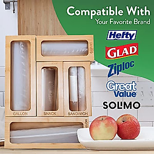 TRAKZA Bamboo Ziplock Bag Organizer for Drawer, Kitchen Storage Bag Organizer, 5 Separate Baggie Organizer for Drawer with Non-Slip Feet and Hanging Holes, kitchen organization and storage