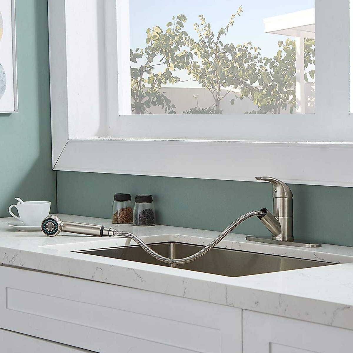 KINGO HOME Modern Single Handle Stainless Steel Brushed Nickel Pull Out Sprayer Bar Kitchen Faucet,Small Kitchen Sink Faucet with Escutcheons Single Hole Kitchen Faucet