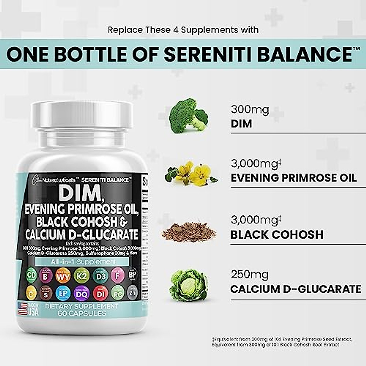 DIM 300mg Evening Primrose 3000mg Black Cohosh 3000mg Calcium D-Glucarate 250mg Sulforaphane Flax Seed Extract - Hormonal Balance Support Vitamins for Women with Dong Quai - Made in USA 60 Caps