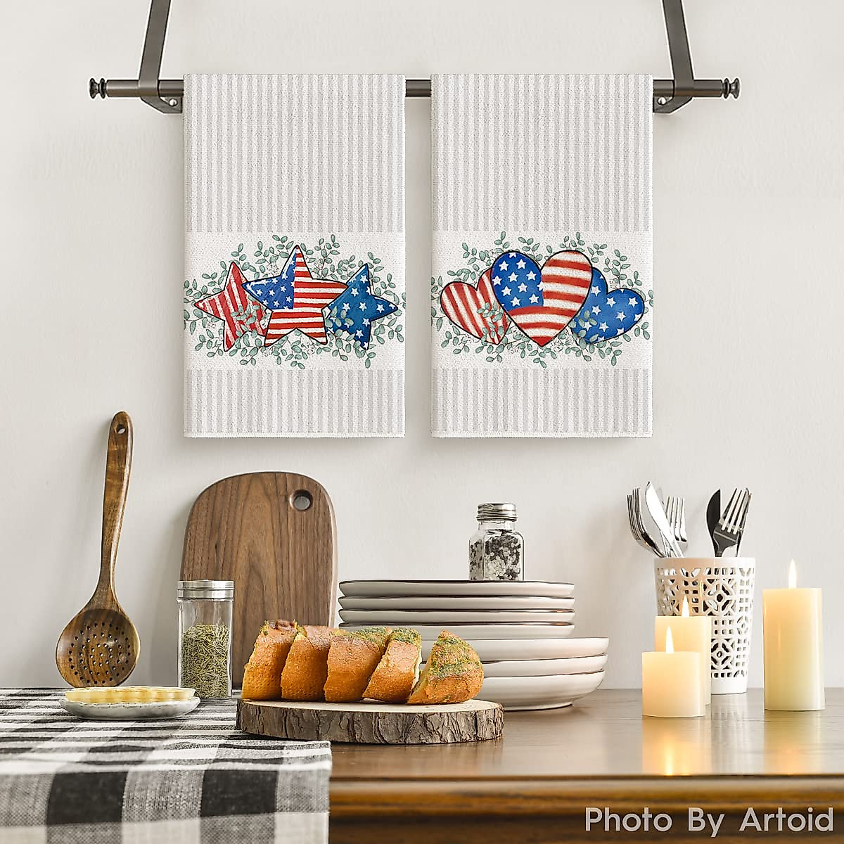 Artoid Mode Stripes Eucalyptus Leaves American Flag Stars Heart Veterans Day Kitchen Towels Dish Towels, 18x26 Inch Decoration Hand Towels Set of 2