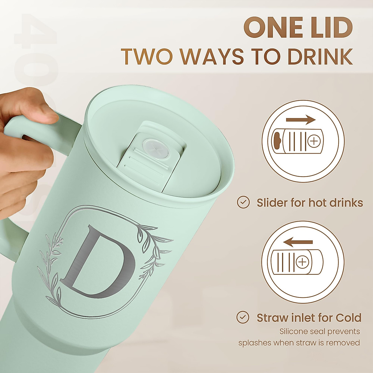 Personalized Monogrammed Tumbler with Handle 40oz, Letter D Tumblers Insulated Coffee Travel Cup, Custom Initial Gift for Women Girls Friends, Monogram Gift for Christmas Birthday Mothers Day