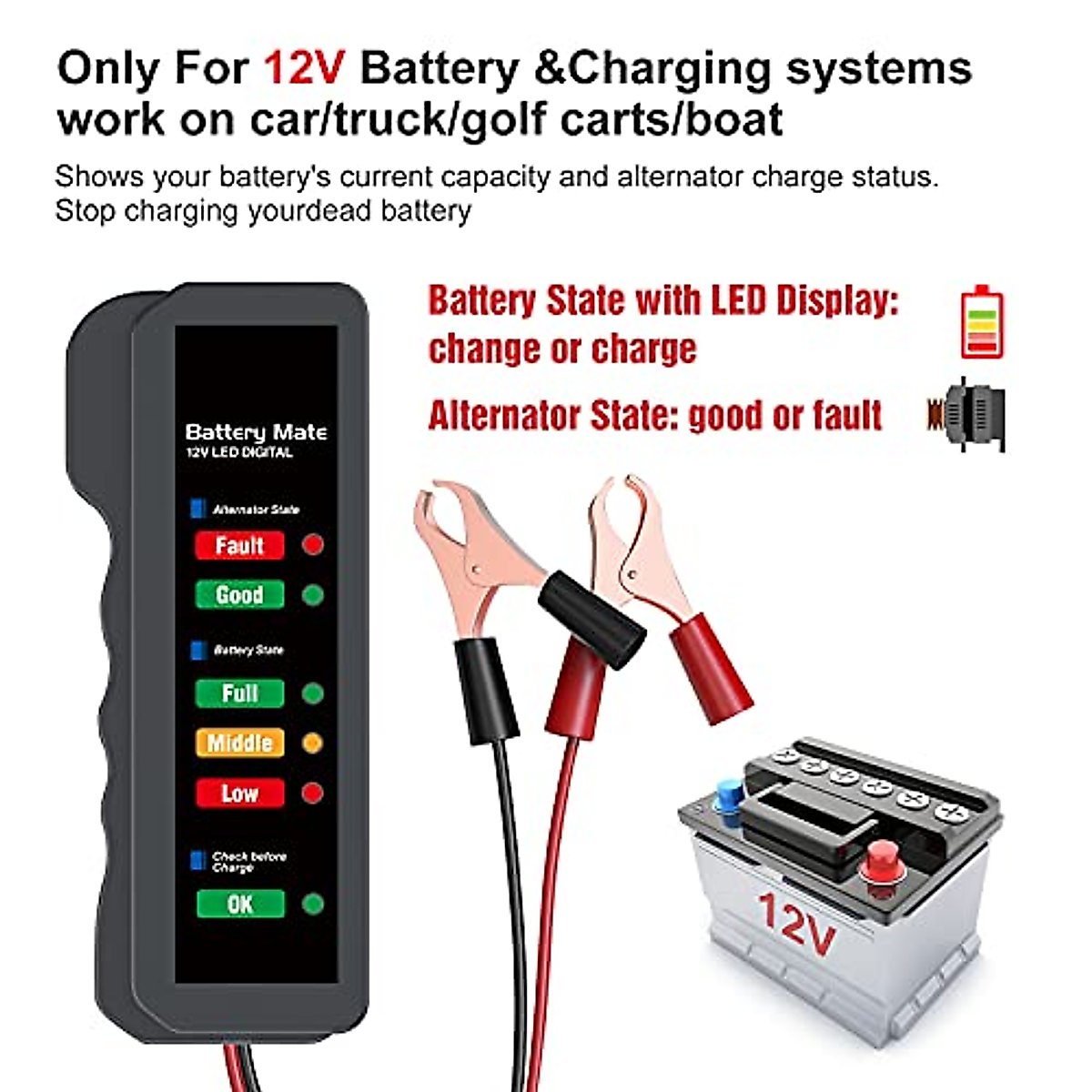 12V Car Battery Tester and Alternator Tester, Automotive Load Tester Indicator, 12 Volt Auto Check for Automobile
