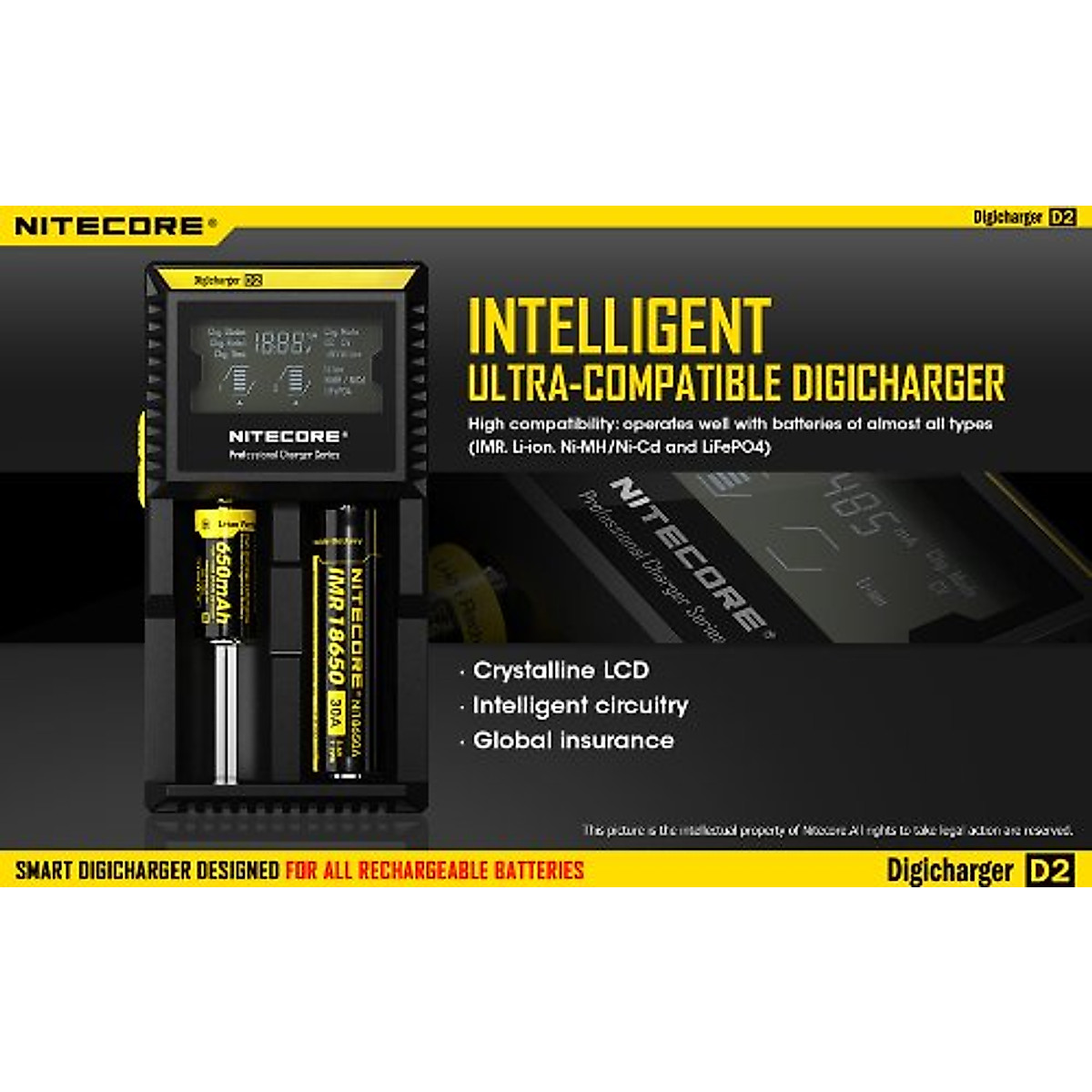 Nitecore D2 smart Charger 2015 version with LCD display For Li-ion, IMR, LiFePO4 26650 22650 18650 17670 18490 17500 18350 16340 RCR123 14500 10440 Ni-MH And Ni-Cd AA AAA AAAA C Rechargeable