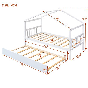 GOWE Twin Size Wooden House Bed with Twin Size Trundle, White
