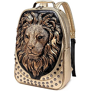 kiisy 3D Lion Head Backpack Bookbag,Designer Travel Laptop Backpack,PU Leather Water Resistant College School Computer Bag (Gold)