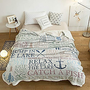 Edwiinsa Ultra Soft Reversible Throw Blankets 50" x 60" Nautical Anchor Lamb Cashmere Blankets for Bed/Couch, Lake Life Sailboat