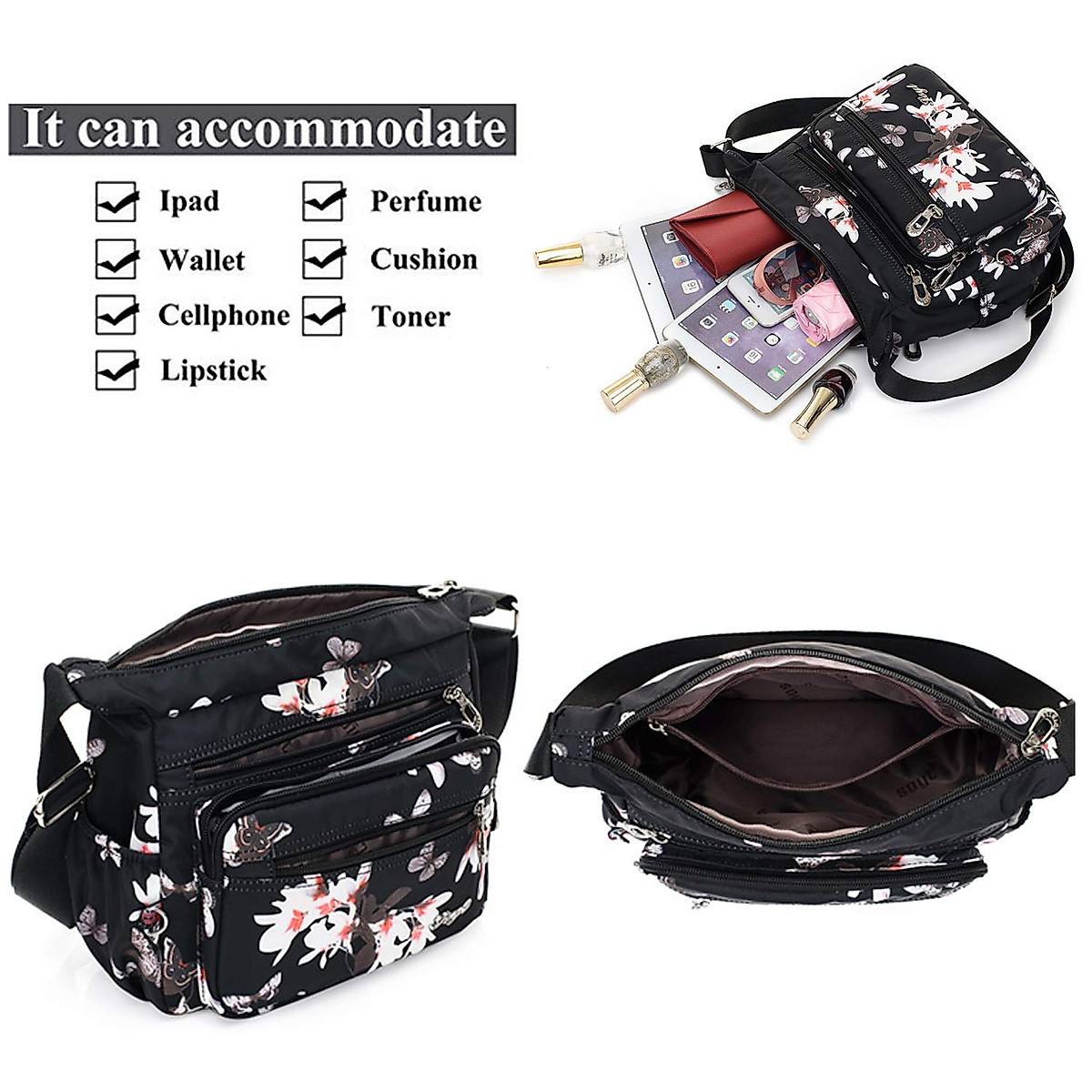 SYYHOME Crossbody Bags for Women Multi Pocket Shoulder Bag Waterproof Nylon Travel Purses and Handbags (Rose)