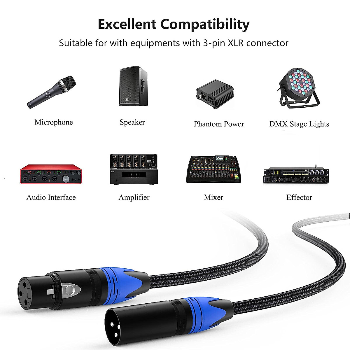 Anewbig XLR DMX Cables 6ft 6 Pack, DMX Stage Lights 6 Ft Feet Cable, Black Braided, 6 Foot, 6pack