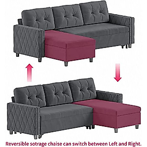MUZZ Pull Out Sleeper Sofa with Storage, Reversible Pull Out Sofa Couch, L-Shaped Sectional Sofa with Chaise and Pocket, Ideal for Living Room, Apartment and Office (Dark Grey)