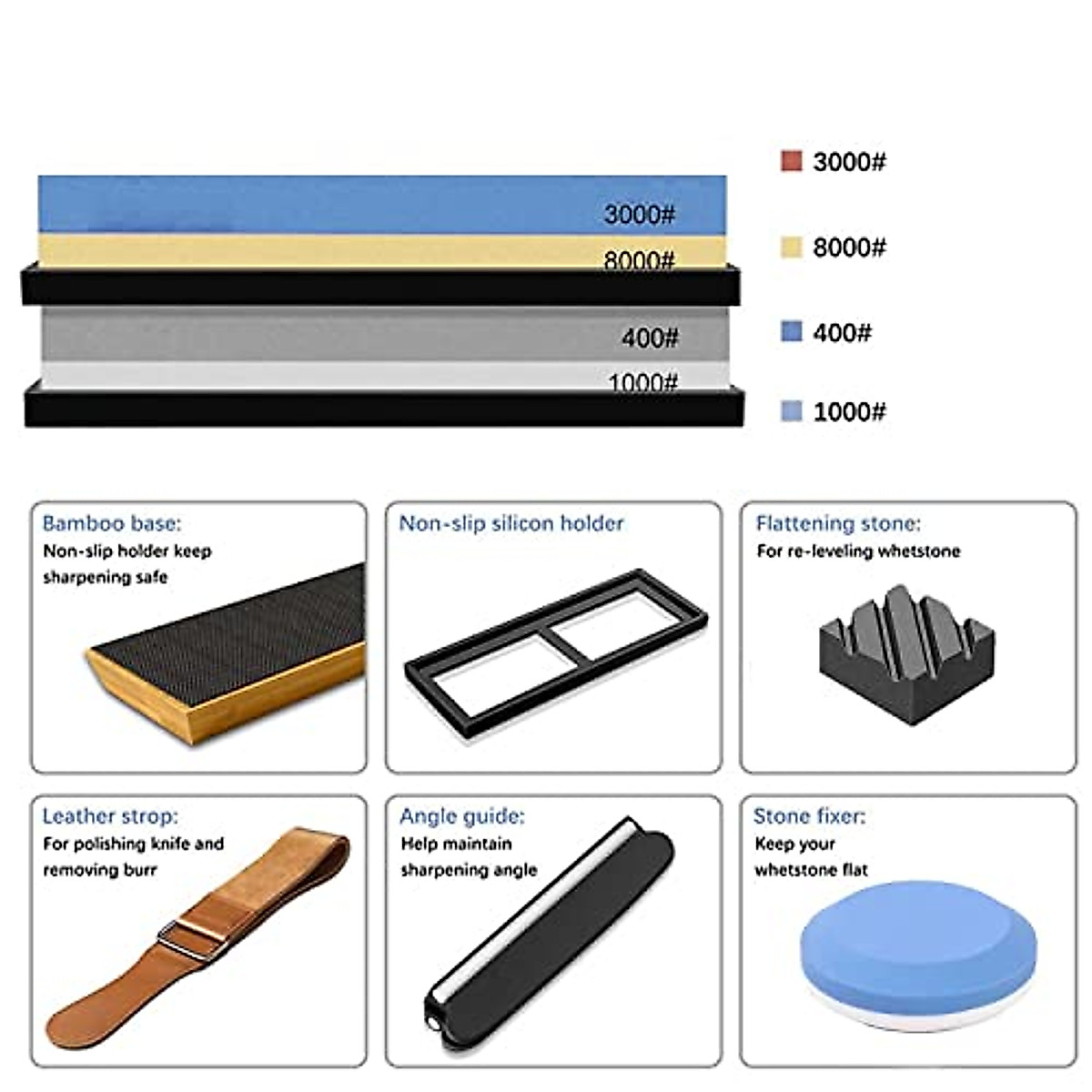 Sharpening Stone Set for Knife Wet Stone Sharpening Kit, Water Stone for Sharpening Knives 4 Side Grit Whetstone 400/1000 3000/8000 Kitchen Knives Sharpeners-Non-Slip Bamboo Base,Gloves,Honing Guide