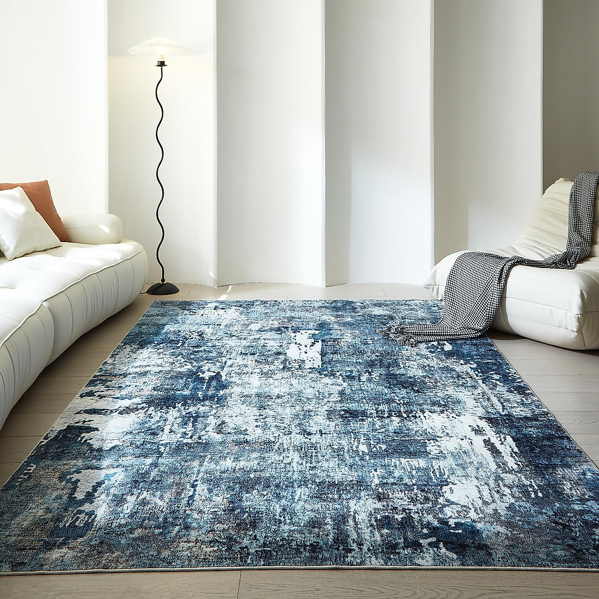Rugcomf 8x10 Rug Washable Boho Rug Soft Large Area Rug Non-Slip Non-Shedding Faux Wool Vintage Rug for Living Room, Farmhouse, Dining Room, Indoor, Kids Playroom, Blue