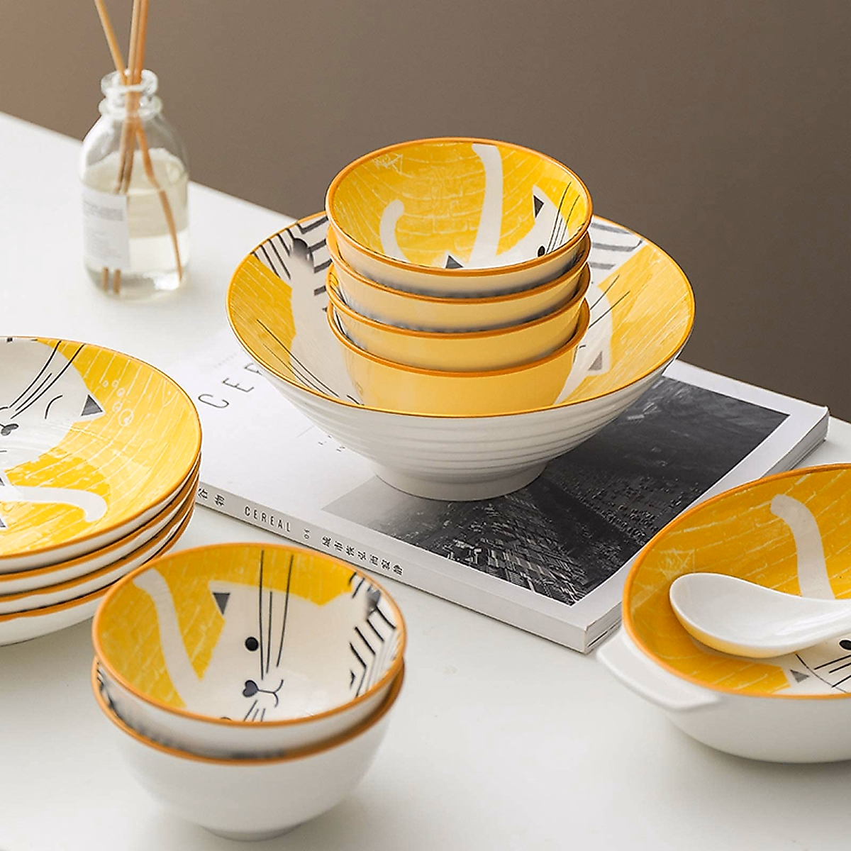 GagalU Porcelain Plate and Bowl Set,Creative Home Dinnerware Set 20 Piece of Cute Hand-Painted Cat Dinner Plate Sets Ceramic Plates and Bowls Sets, Service for 6 Dinnerware Set