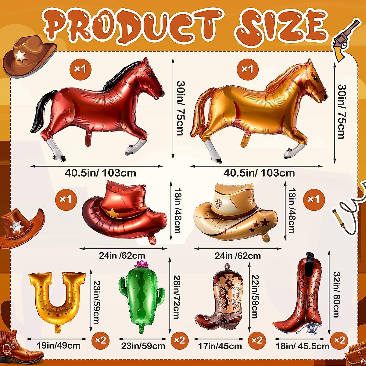 Hungdao 12 Pcs Western Themed Balloons Rodeo Balloons Cowboy Cowgirl Boots Hat Horse Cactus Horseshoe Balloons for First Rodeo Birthday Baby Shower Bachelorette Wedding Party Decor