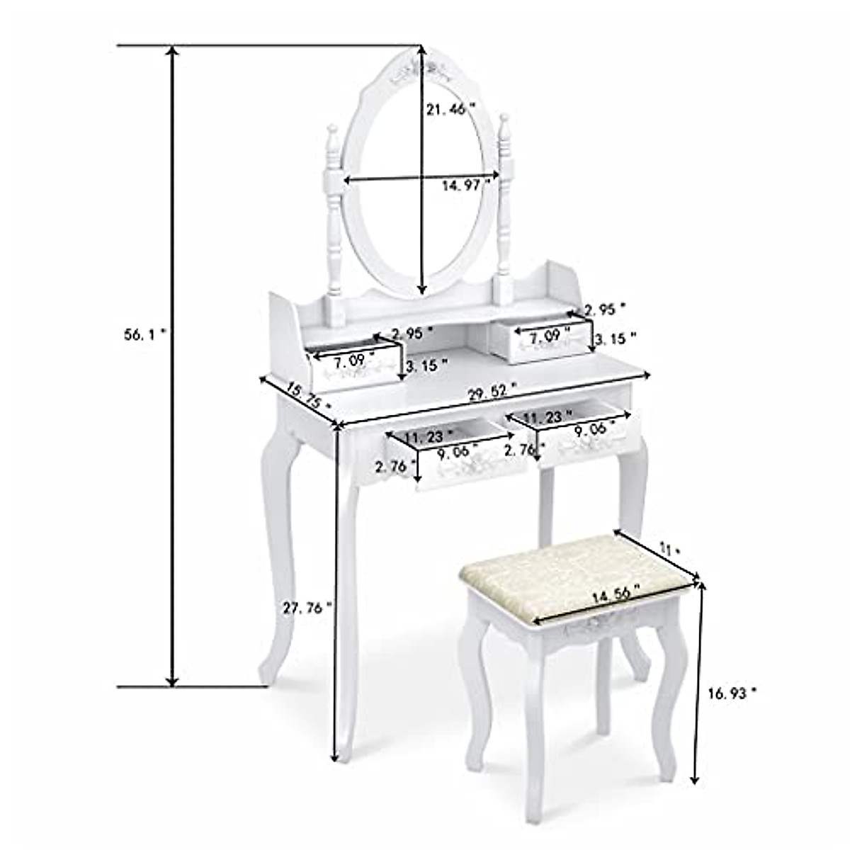 IRDFWH Dressing Table Concise 4-Drawer 360-Degree Rotation Removable Dresser White with Dressing Table Stool