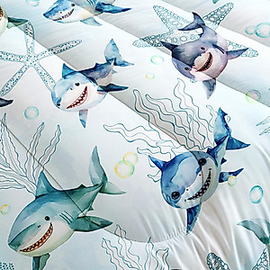 XYNHML Boys Blue Ocean Shark Comforter Set Twin Size Shark Starfish Bedding Sets Seaweed Quilt Bed Set for Kid Girls with 1 Comforter and 2 Pillowcases
