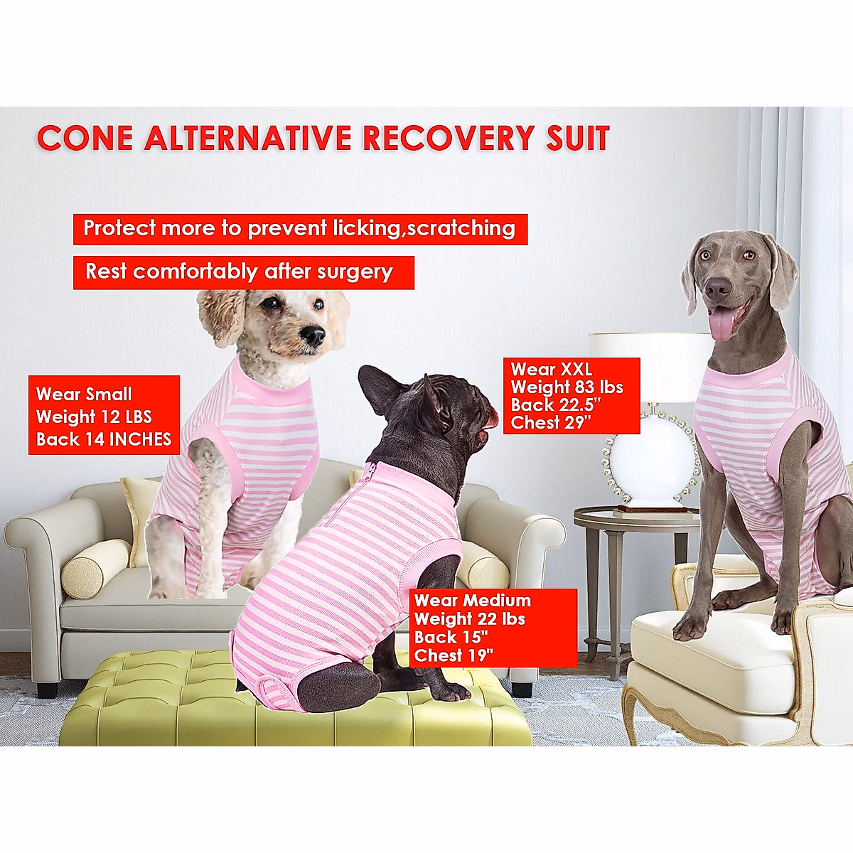 Wabdhally Dog Surgery Recovery Suit for Female Spay,Surgical Suit for Small Female Dogs,Soft Combed Cotton,Striped Pink Onesie XS