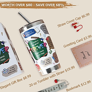 Decostatue 20oz Insulated Stainless Steel Tumbler Gifts for Teachers - Teacher Appreciation, Graduation, Birthday & Retirement Gifts, Set of 7 with Straw, Brush, Cover, Bookmark, Card & Box