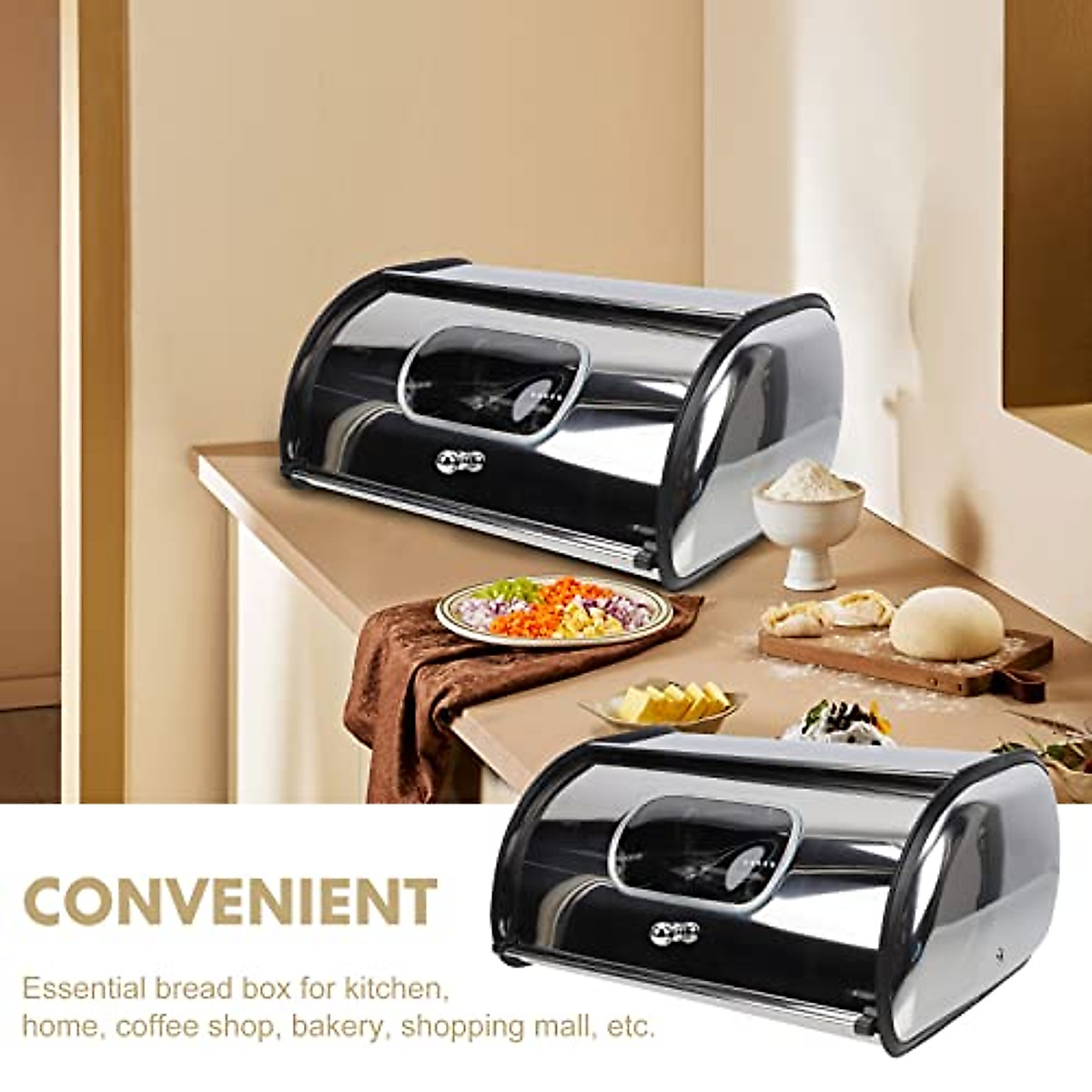 Tofficu Bread Storage Container Metal Bread Box Stainless Steel Roll Top Bread Bin Modern Bread Storage Holder Food Keeper Container Organizer with Lid for Kitchen Dining Metal Bread Box Roll Top