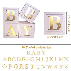 Baby Shower Boxes Party Decorations - 4pcs Stereoscopic White Baby Balloon Boxes with Gold Baby+A-Z Letters,Baby Party Boxes Baby Blocks for Teddy Bear Baby Shower,Boy Girl 1st Birthday Party Backdrop