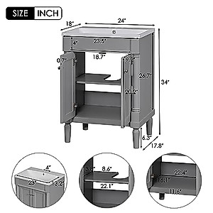 VKKILPEE 24 inch Bathroom Vanity Sink Combo Freestanding Bathroom Vanity with Top Sink, Bath Vanity Storage Cabinet with Large Storage Shelves, Modern Single Sink Bathroom Cabinet, Grey