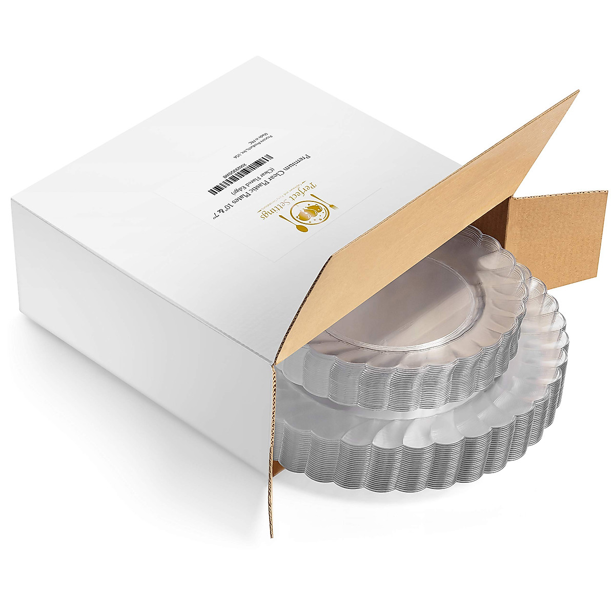 Perfect Settings 50 Piece (25 Sets) Premium Clear Plastic Plates 10 Inch Dinner / 7 Inch Salad Heavy Duty Elegant Disposable Dinnerware Plates (Clear Flared Wavy Edge)