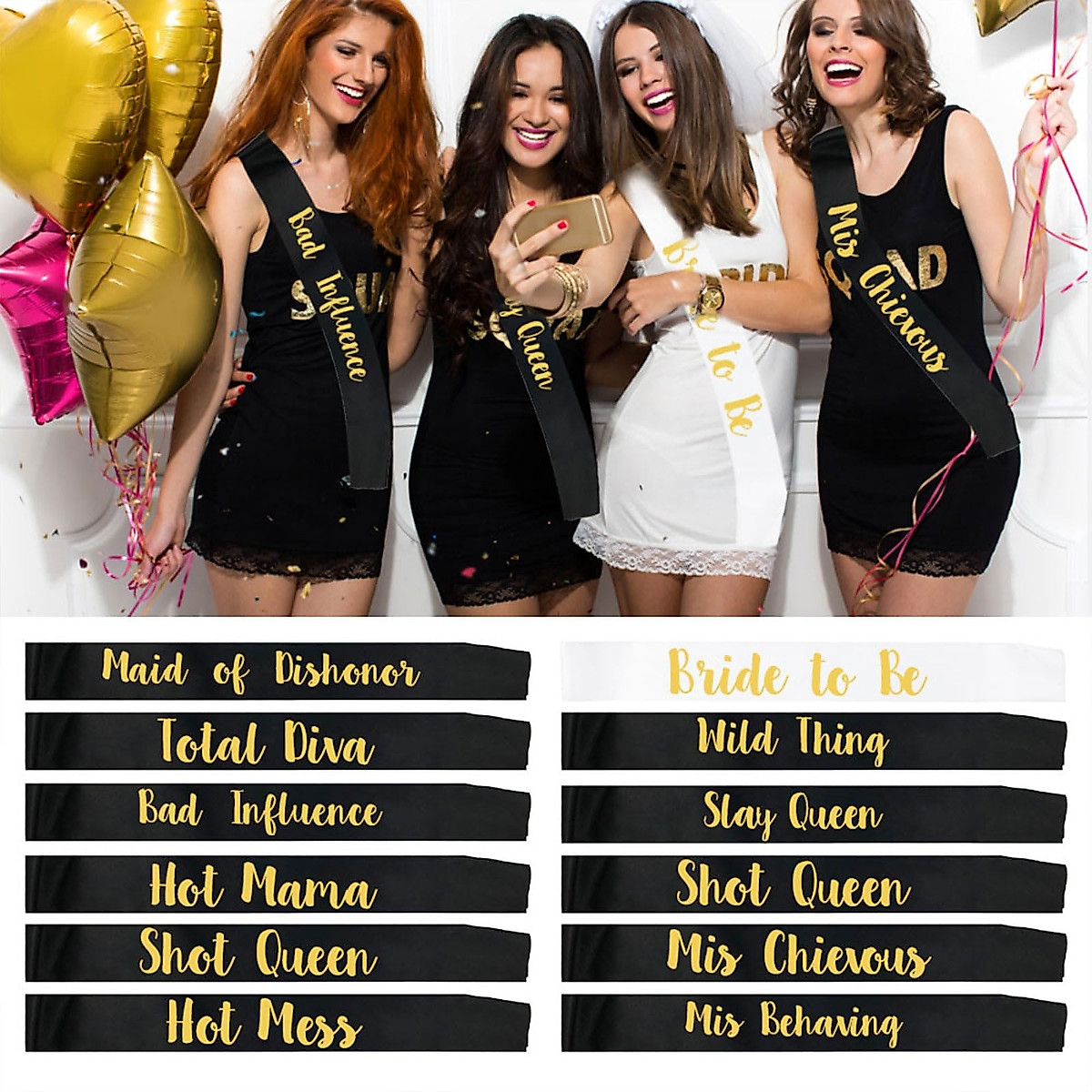 Bachelorette Sash Set (12 pcs) - Bride to Be Sash Bachelorette Party Decorations - Unique Bride and Bridesmaid Sashes for Bachelorette party (Black, Gold letters). Ideal Bridal Shower Supplies
