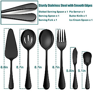Homikit 6 Pieces Black Serving Utensils, Modern Stainless Steel Serving Hostess Set with Serving Spoons, Serving Fork, Pie Server, Butter Knife, Ice Cream Spoon, Shiny Mirror Polished, Dishwasher Safe