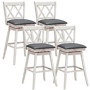 COSTWAY Bar Stool Set of 4, 360 ° Swivel Bar Height 29.5 inch Bar Stool with Foot Rest Upholstered Cushion & Ergonomic Backrest, Sturdy Frame, for Pub, Restaurant, Home (4, Antique White + Grey)