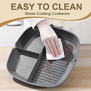 Tauvirboff Nonstick Grill Pan, 3-in-1 Nonstick Divided Breakfast Grill Pan for Stove Tops, Egg Frying Pan for Egg, Bacon & Burgers, Stone Coating Cookware for Gas, Electric & Induction, 11“ (Black)