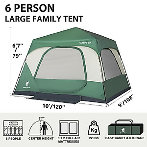 GEERTOP 6 Person Instant Tent for Camping, Large Instant Cabin Tent Easy Setup Pop Up Tent for Family Camping