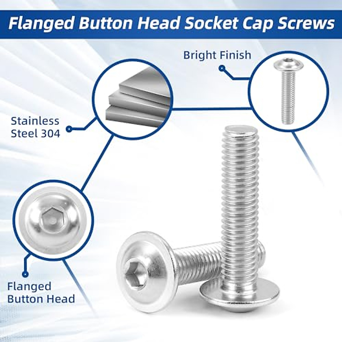 M6-1.0 x 20mm Flanged Button Head Socket Cap Screws Flange Bolts, 18-8 Stainless Steel 304 Bright Finish, Full Thread, 25 PCS