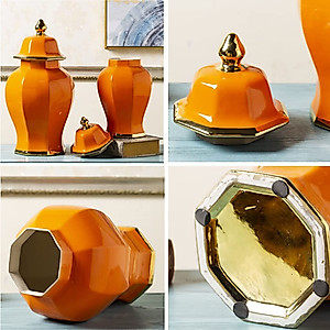 Handmade Orange Hexagon Ginger Jar Vase Ornament, Home & Living Room Decorative Jar, Gold-Plated Ceramic Temple Jar (Size : Small)