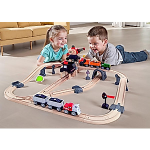 Hape Crane and Cargo Train Set | Wooden Railway Toy Set with Magnetic Crane, Button Operated Loader and Adjustable Rail Signal