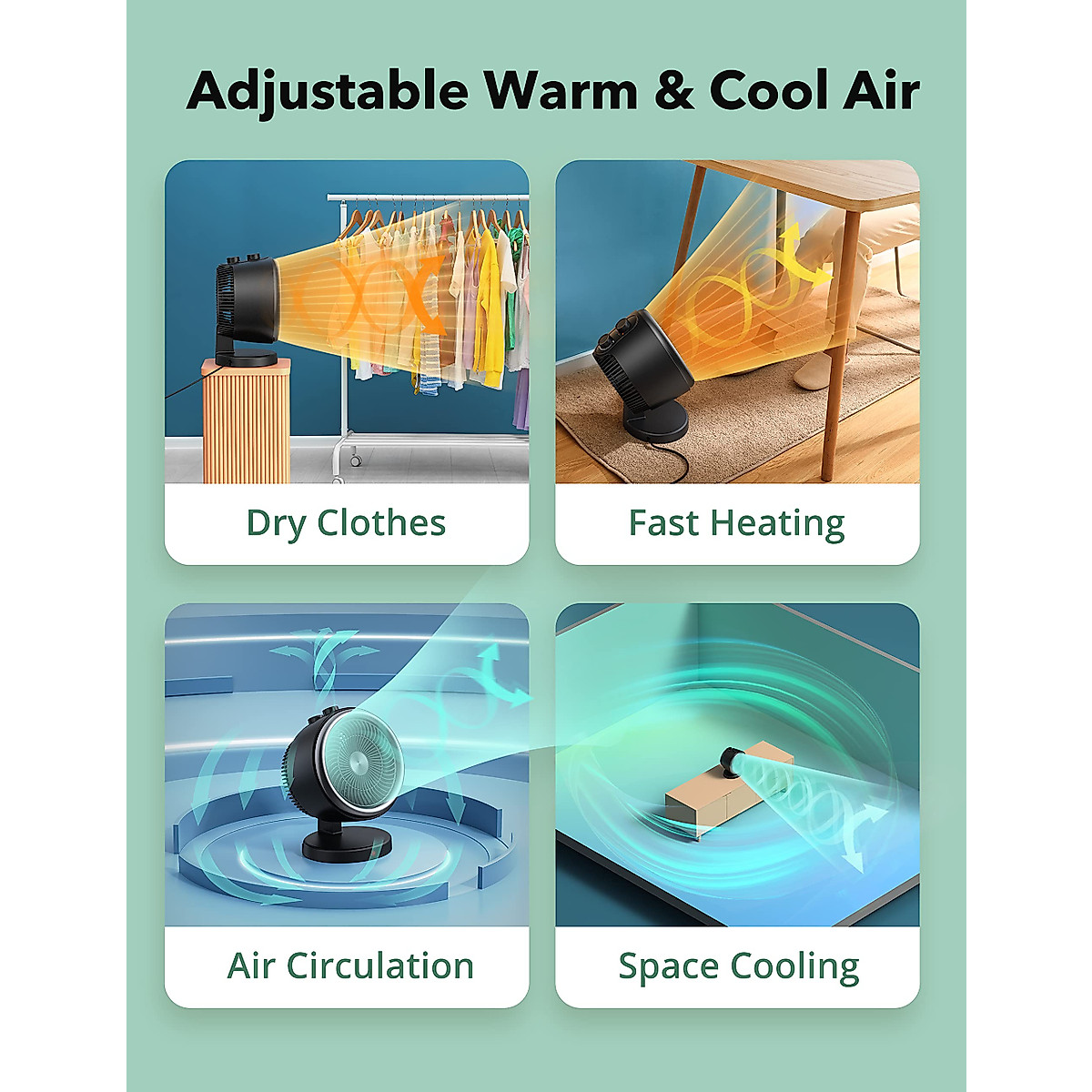 Space Heater Fan, 2-in-1 Vortex Portable Space Heater with Circulation Fan, 2 Heat and Fan Modes, 60°Wide Tilting Angle, Tip-over and Overheat Protections, Electric Heater for Bedroom Home Office Use