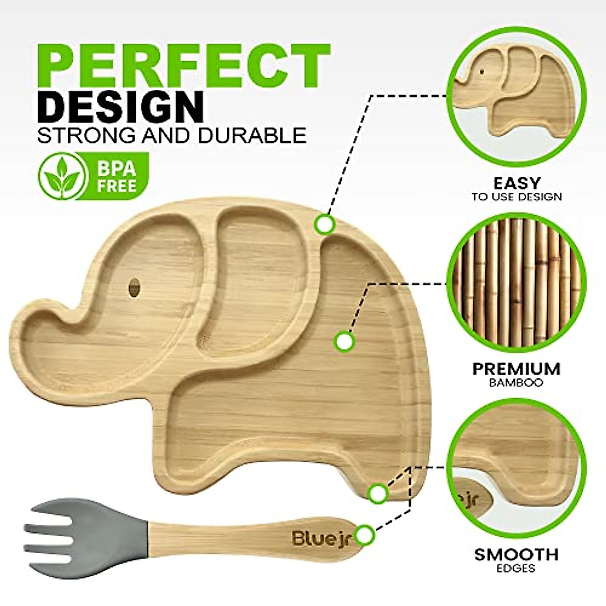 Bluejr Elephant-Shaped Bamboo Plate & Fork Set - Fun & Secure Dining for Toddlers, Babies - Silicone Suction, Three-Compartment Wooden Kids Plate, Eco-Friendly Animal-Shaped Dish Set