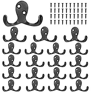 Waziaqoc 20PCS Farmhouse Wall Mounted Coat Hooks, Decorative Heavy Duty Double-Hook Wall Hooks with Screws for Coats Bags Hats Towels - Black
