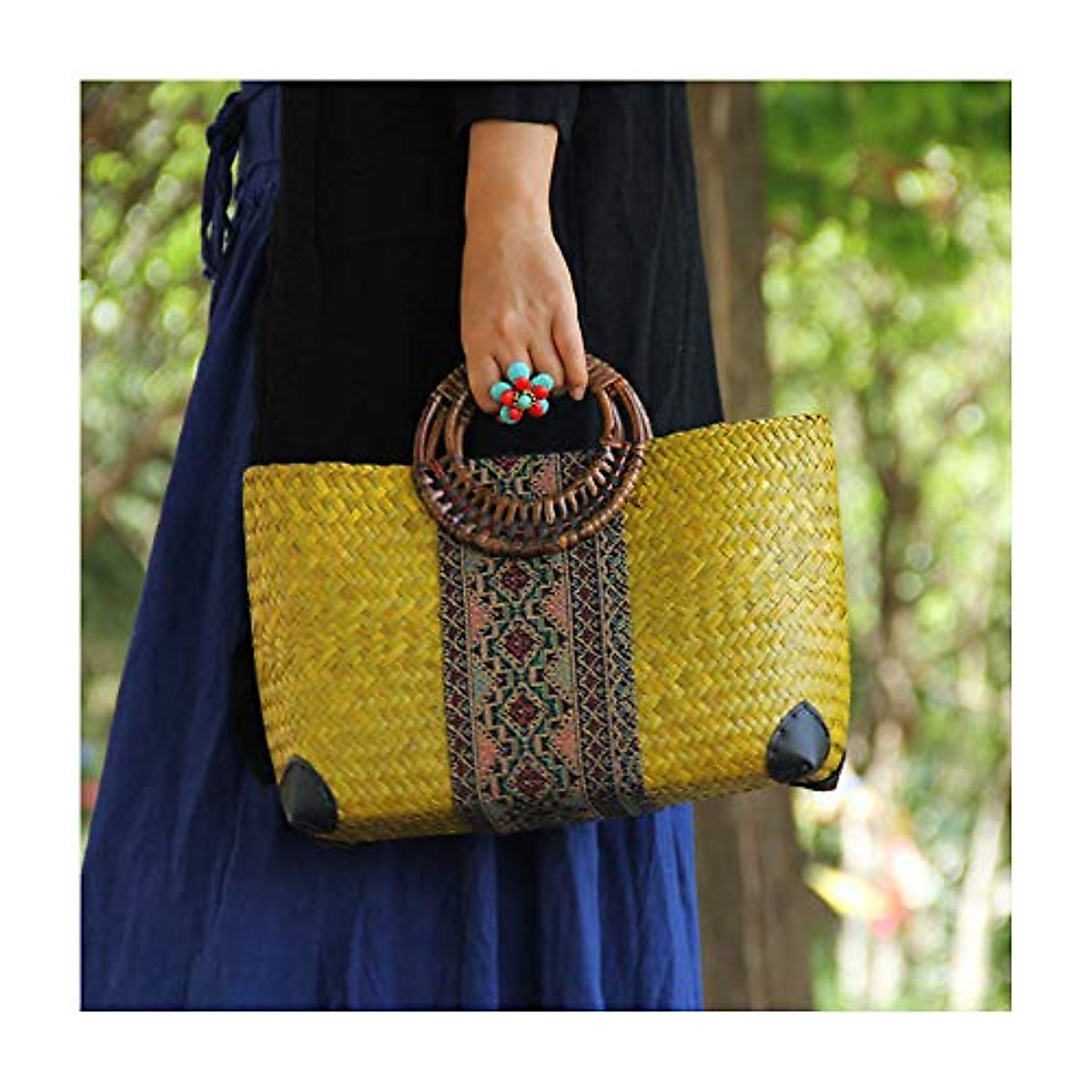 QTKJ Women Summer Retro Straw Bag with Printing Hand-woven Beach Handbag Top Round Handle Boho Tote Bag Shopping and Travel Large Bag (Yellow)