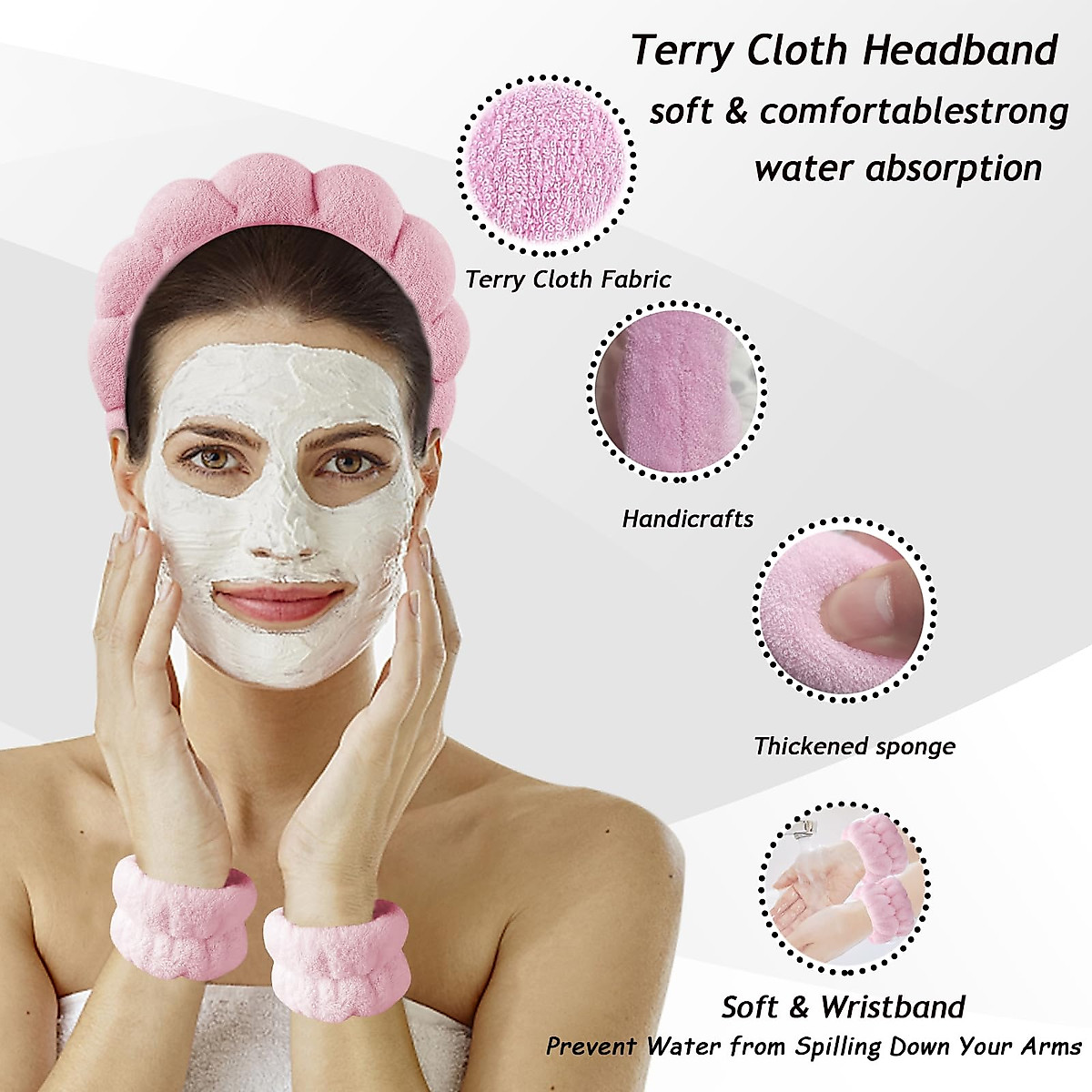 YANGYICHEN Sponge Terry Cloth Makeup Headband, 6-pack Skincare Headbands and Wristbands Set for Women and Girls, Spa Headband for Washing Face, Pink, Black