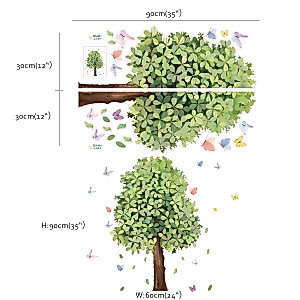 Runtoo Large Green Tree Wall Decal Plant Butterfly Wall Stickers for Living Room Bedroom Classroom Kids Nursery Wall Decor