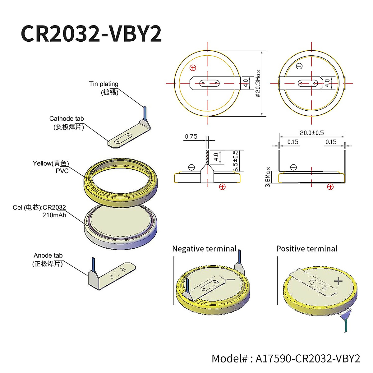 EEMB 10PACK Tabbed CR2032 Lithium Battery with Solder Tabs 3V Lithium Battery 2032 Coin Cell Lithium Batteries for Sensor Radio Gameboy Color Game Replacement Battery