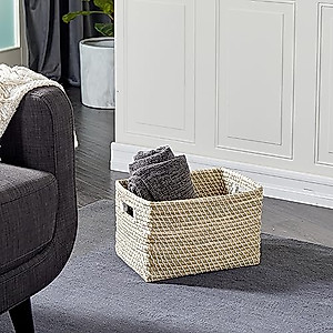 CosmoLiving by Cosmopolitan Seagrass Rectangle Storage Basket with Handles, 15" x 11" x 10", Brown