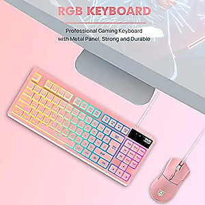 RGB Pink Gaming Keyboard and Mouse Combo,87 Keys Gaming Keyboard Wired RGB Backlit Gaming Keyboard Mechanical Feeling with RGB 7200 DPI Pink Gaming Mouse Set for PC MAC PS4 Xbox Laptop