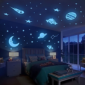500Pcs 3D Glow in the Dark Stars Blue Glow in the Dark Stars for Ceiling Space Wall Decals Glowing Astronaut Universe Planet Galaxy Wall Stickers Ceiling Decorations for Boys Kids Bedroom Decor (Blue)