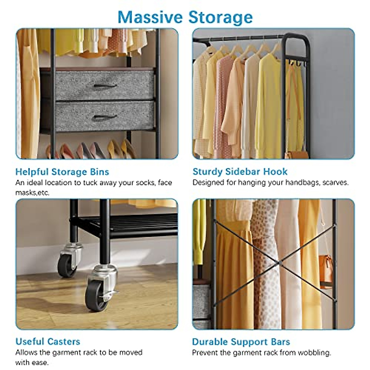 Timate P4 Rolling Clothes Rack for Hanging Clothes Portable Freestanding Garment Rack with Lockable Wheels, Heavy Duty Clothing Rack with Storage Drawers hanging Rods side Hooks Wire Shelves, Black