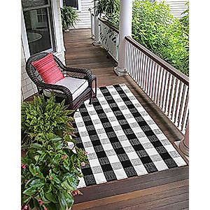SHACOS Large Cotton Area Rug 4'x6' Black White Plaid Cotton Woven Rug for Living Room Bedroom Doorway (4' x 6', Black White)