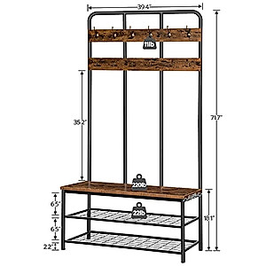 HOOBRO Hall Tree with Bench, Entryway Bench with Coat Rack, Mud Room Bench with 12 Double Hooks and Storage Bench, Coat Tree, Shoe Rack Organizer, for Foyer, Front Door, Rustic Brown BF05MT01