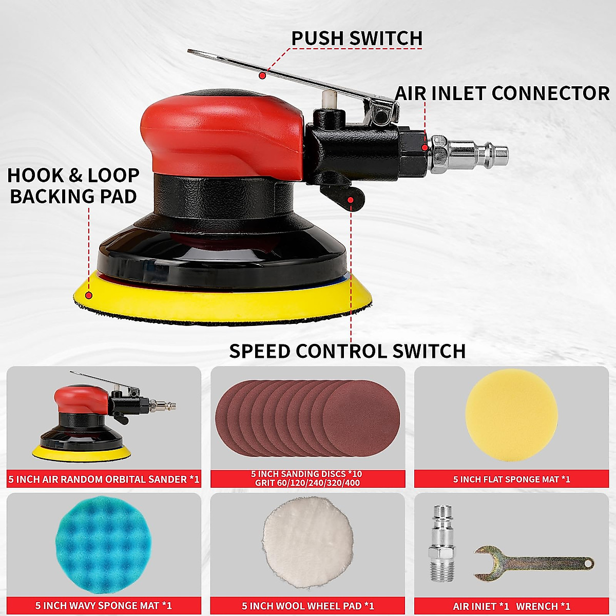 5" Air Random Orbital Sander Pneumatic Palm Sander Da Sander With 10 Pcs Sandpapers 3Pcs Polishing Pads Buffing Pads Kit for Sanding, Finishing, Polishing Wood Auto Body Work (Sanders)