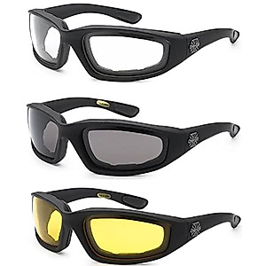 3 Pairs of Choppers Glasses Padded Frame Clear Yellow Smoke Lense Block 100% UVB for Outdoor Activity Spot