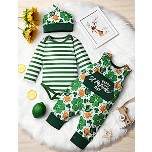 St Patricks Day Baby Boy Girl Outfit 12-18 Months Green Striped Long-Sleeved Four-Leaf Clover Onesie 3-Piece Set St. Patrick'S Day Toddler Boy Outfit Romper